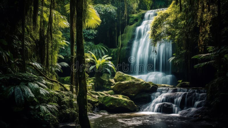 A Lush Jungle Scenery with a Beautiful Waterfall Falling from a Steep ...