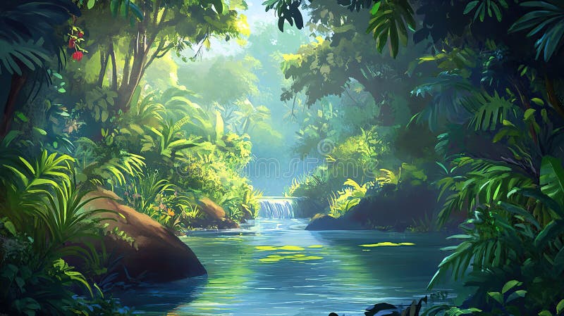 Lush Jungle Stream with Sunlight Filtering through Leaves Stock Photo ...