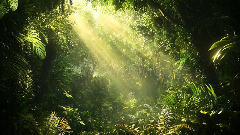 Lush Jungle with Sunlight Filtering through Dense Foliage Stock ...