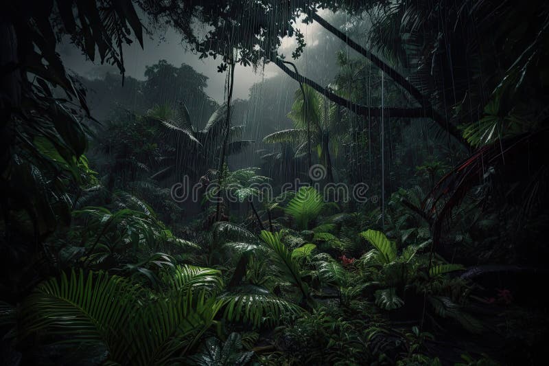 Lush Jungle with Thunderstorm Overhead and Lightning Strikes Stock ...