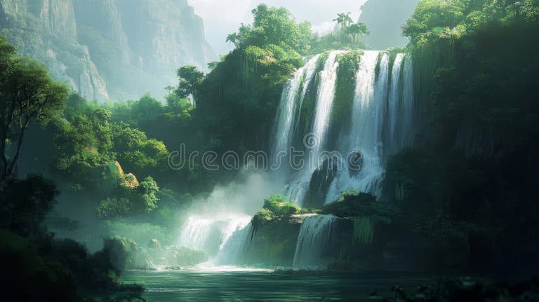 Lush Jungle Waterfall Cascading Down Rocky Cliffs Stock Illustration ...