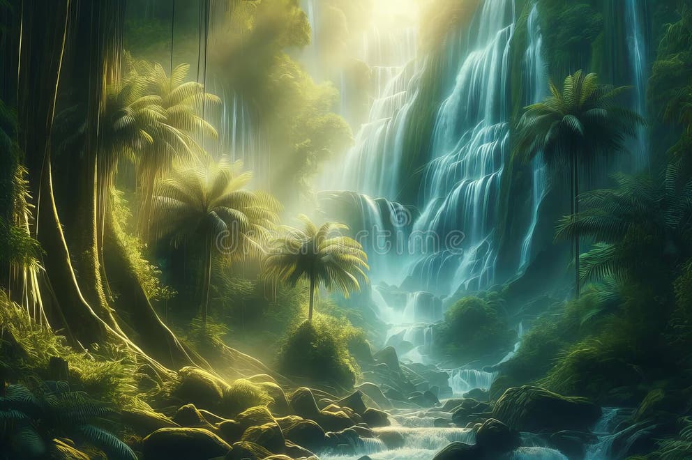 A Lush Jungle with Waterfall and Palm Trees Stock Photo - Image of wild ...