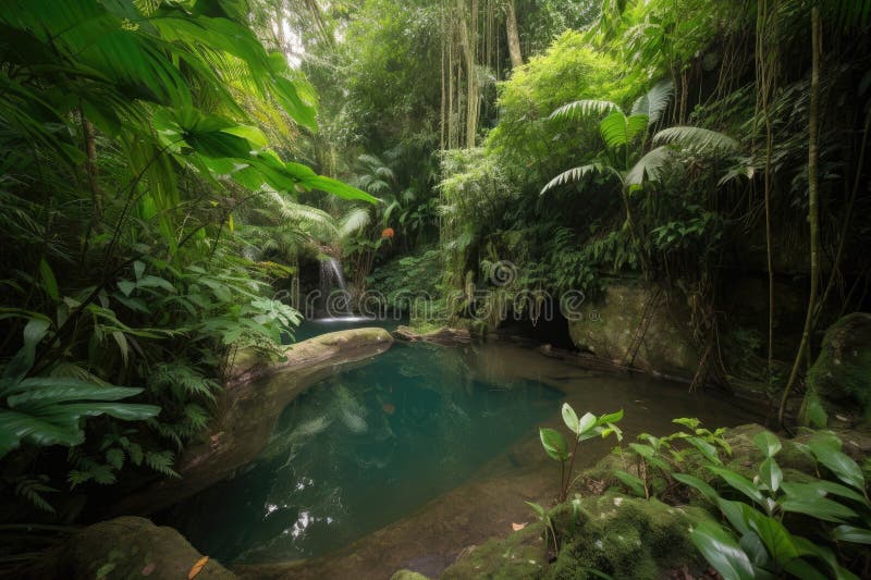 Lush Jungle with Waterfall and Pool, Ideal for Swimming Stock Image ...