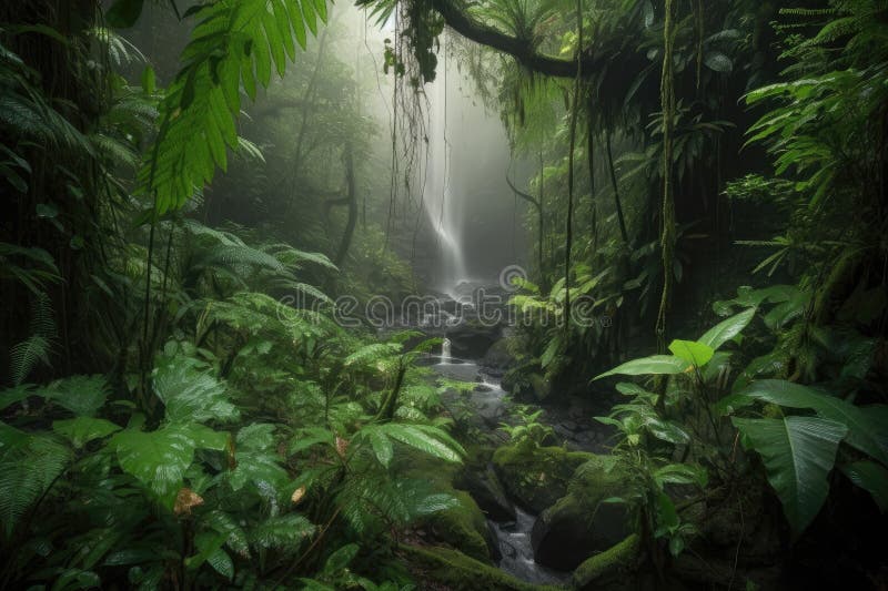 Lush Jungle with Waterfall, Surrounded by Mist Stock Illustration ...