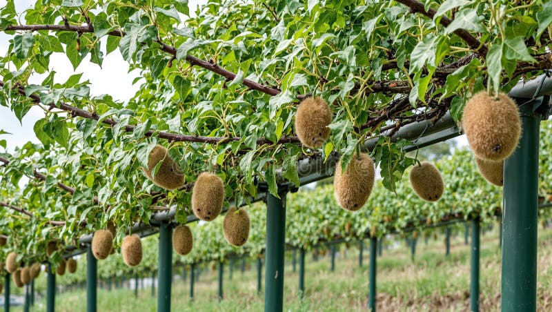 Lush Kiwi Orchard with Fruit Laden Vines on Trellises Stock ...