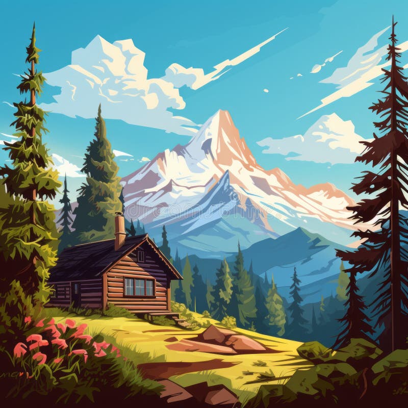 Lush Landscape Painting: Cabin in the Mountains Stock Image - Image of ...