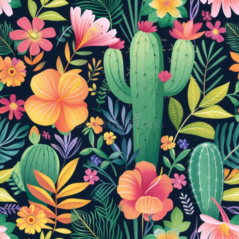 Lush Latin American Floral Pattern with Cacti on Dark Background Stock ...