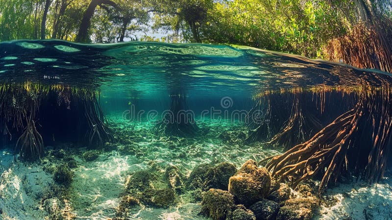 A Lush Mangrove Forest, Roots Visible through Clear Shallow Water Pic ...