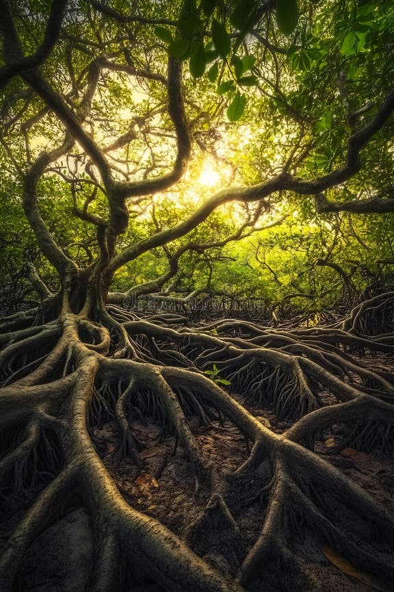 A Lush Mangrove Forest with Tangled Roots. Stock Illustration ...