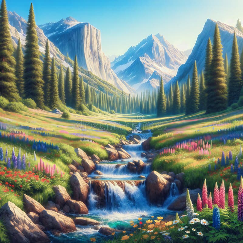 Lush Meadow with Flowing Waterfalls and Colorful Blossoms Stock Image ...