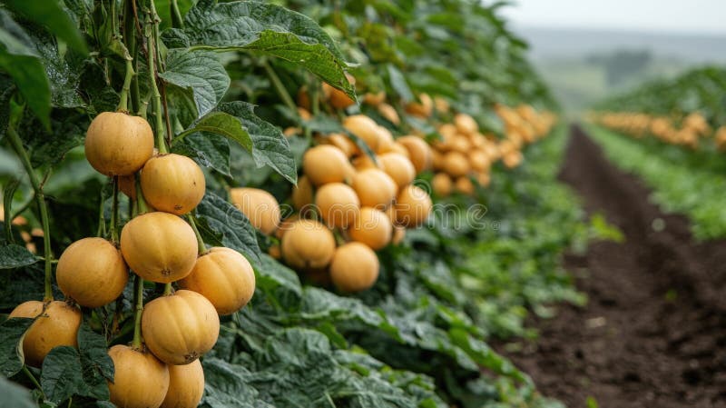 Lush Melon Farm with Ripe Yellow Melons on Vine Stock Image - Image of ...