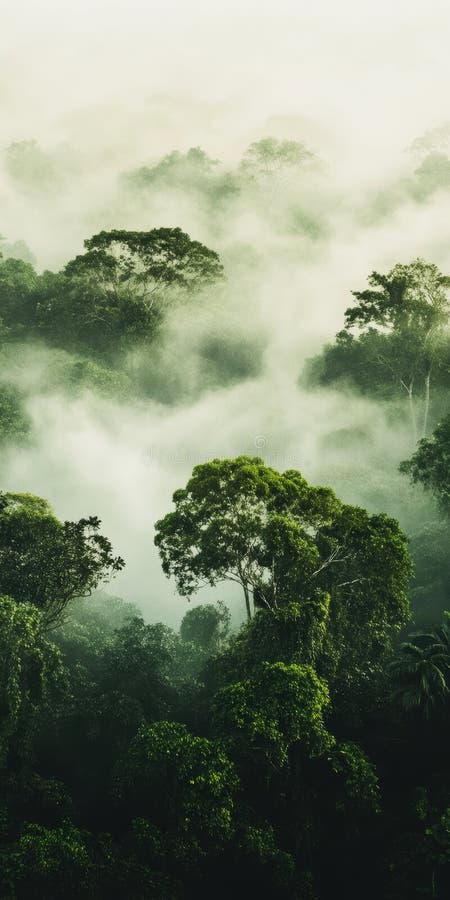 Lush Misty Rainforest Canopy in Morning Light Stock Illustration ...