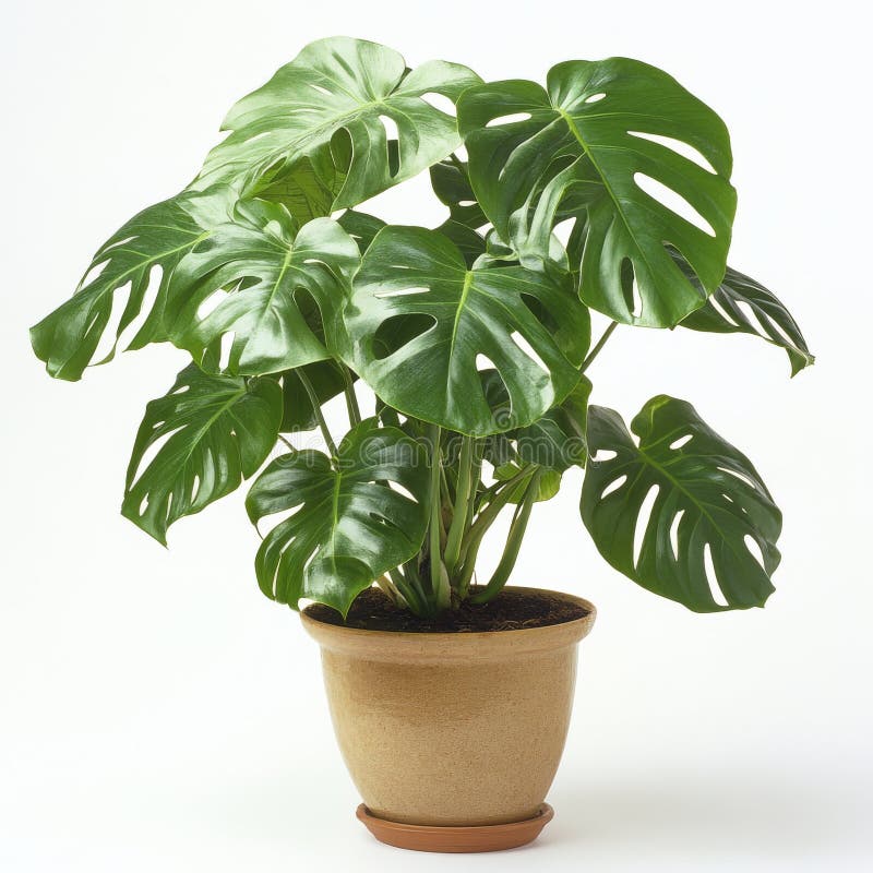 Lush Monstera Plant in Beige Ceramic Pot with Glossy Foliage Stock ...