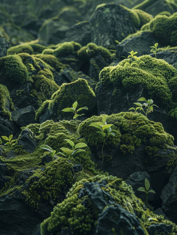 Lush Moss-Covered Rocks in Verdant Forest Stock Illustration ...