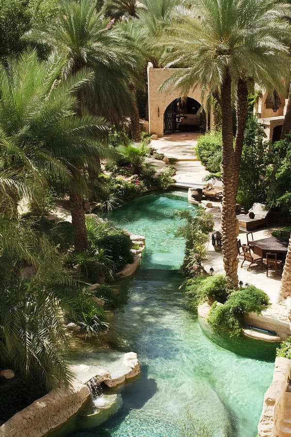 A Lush Oasis with Palm Trees and a Natural Spring. Stock Illustration ...