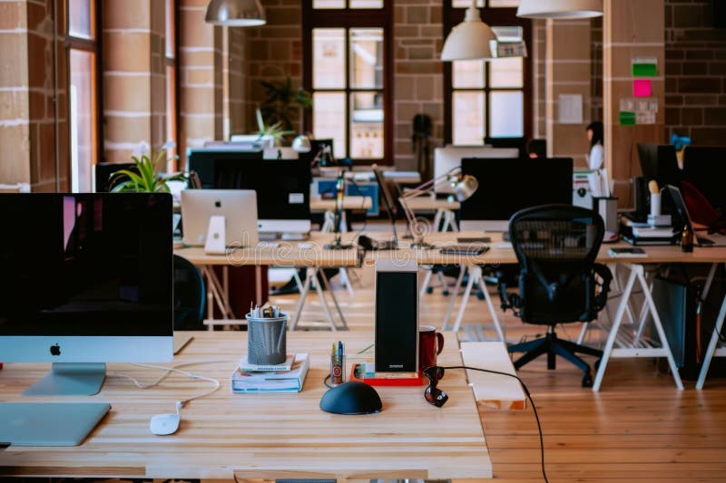 Lush Office Space with Vibrant Greenery Around a Sleek Desk Setup ...