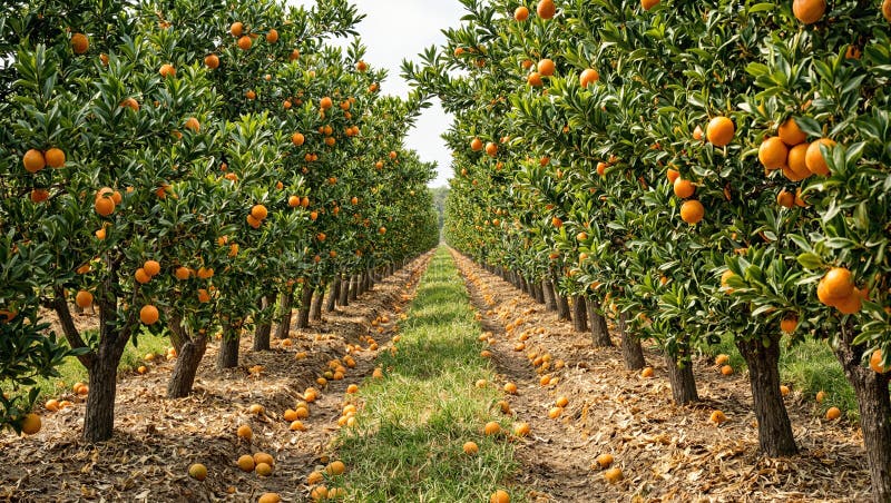 Lush Orange Grove with Ripe Fruit and Green Leaves Stock Illustration - Illustration of fallen ...