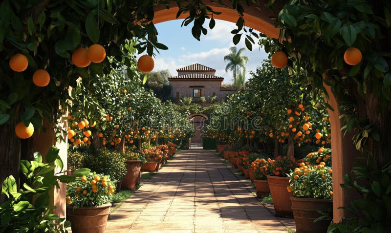Lush Orange Grove with Vibrant Trees and Beautiful Architecture in the ...