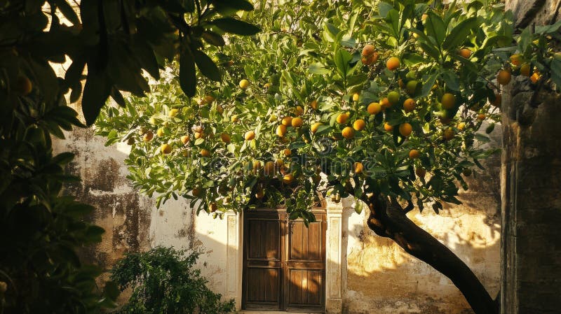 Lush Orange Tree Laden with Fruit in a Rustic Courtyard Stock ...