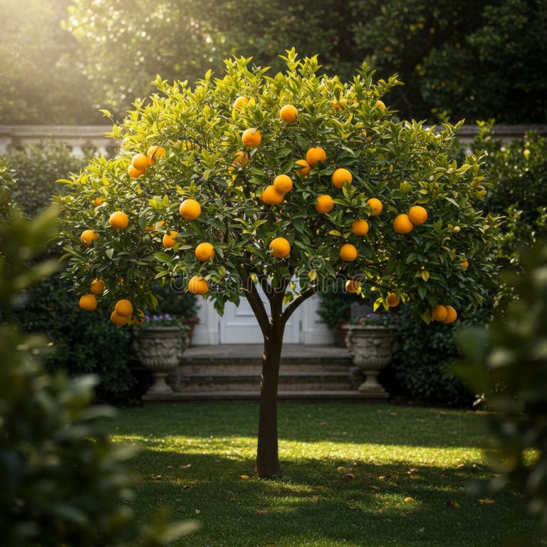 Lush Orange Tree in a Sunlit Garden Stock Illustration - Illustration ...