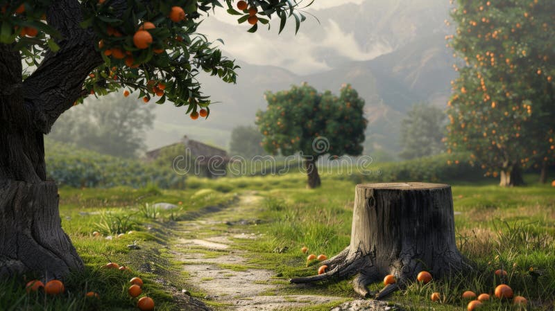 Lush Orchard Path To Mountains.AI Generated Image Stock Image - Image ...