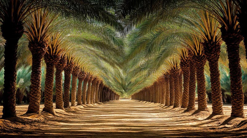 Lush Palm Tree Grove with Symmetrical Rows and Sunlit Pathway Stock ...