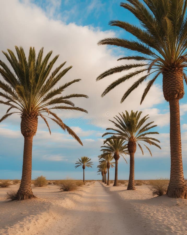 Lush Palm Trees Amidst Serene Desert Pathway Stock Image - Image of ...