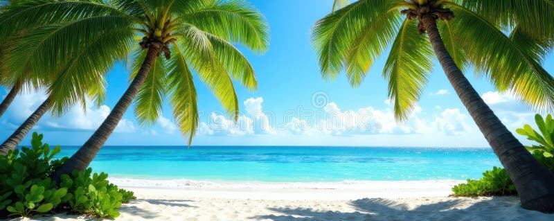 Lush Palm Trees Frame Pristine Beach Panorama , Tropical, Paradise ...
