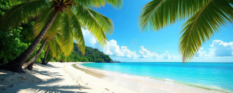 Lush Palm Trees Frame Pristine Beach Panorama , Waves, Sky Stock ...