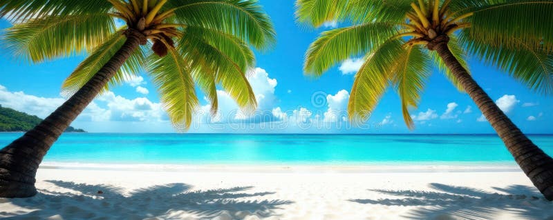 Lush Palms Arch Over White Sand Beach, Azure Sea Backdrop , Waves, Sand ...