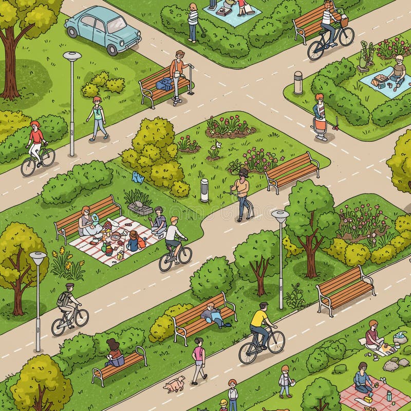 Lush Park with Interconnected Pathways Features People Engaging in ...