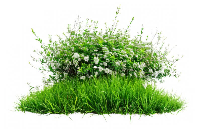 A Lush Patch of Green Grass with a Single Bush with White Blossoms ...