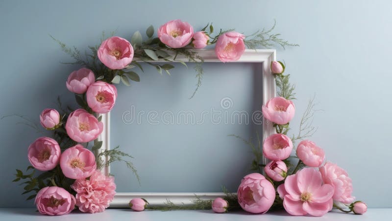 Lush Pink Floral Frame on Soft Blue Background. Stock Photo - Image of ...