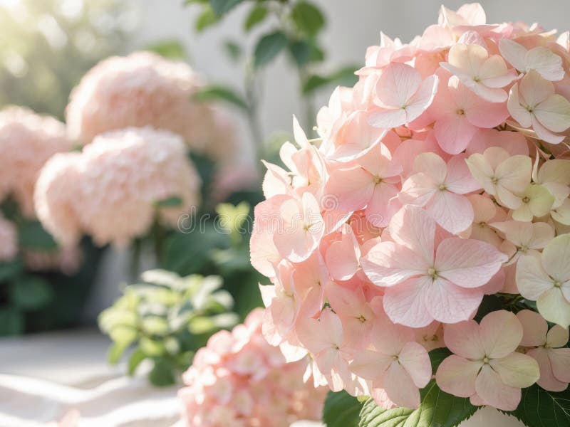 Lush Pink Hydrangea Blooms in Dreamy Garden Landscape Stock Photo ...