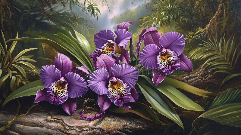 Lush Purple Orchids Bloom on a Forest Log Stock Photo - Image of petals ...
