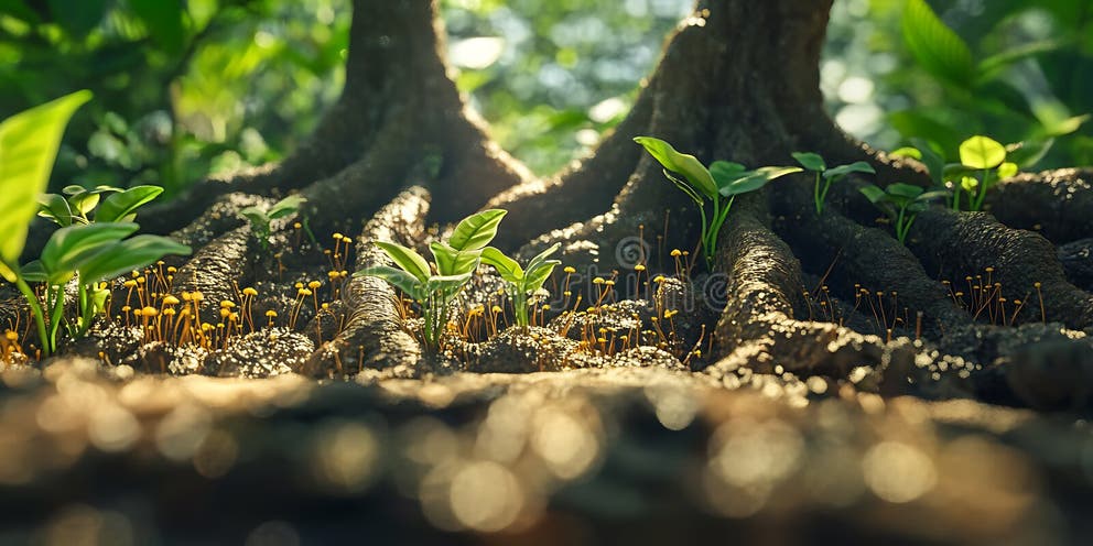 Lush Rainforest Floor Roots Plants and Sunlight Stock Illustration ...