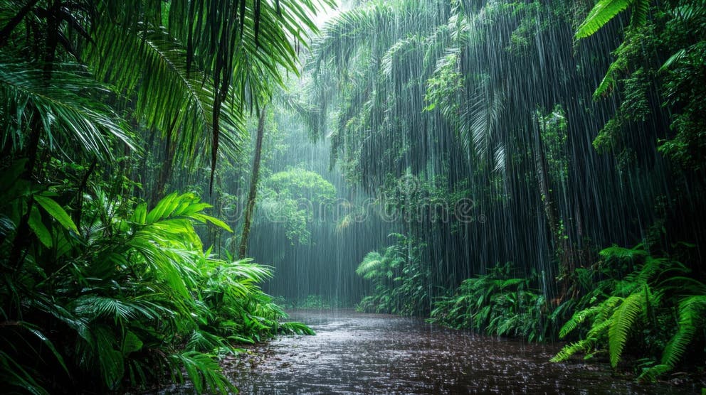 Lush Rainforest Pathway with Heavy Rain and a Stream Stock Illustration ...