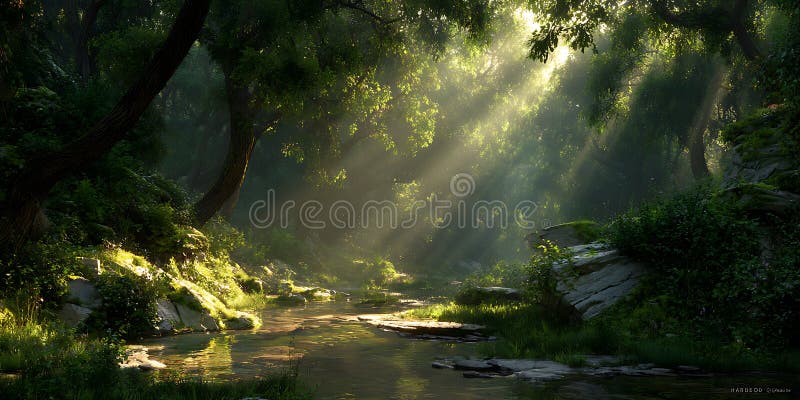 Lush Rainforest Scene Sunlight Dappled Path Tranquil Stream Stock Illustration - Illustration of ...