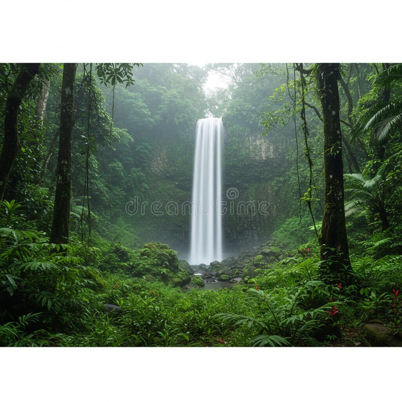 Lush Rainforest Setting with a Tall, Cascading Waterfall at the Center ...