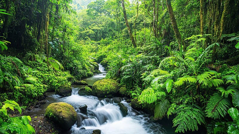 Lush Rainforest Stream Flowing through Vibrant Green Vegetation Stock ...