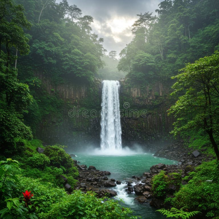 Lush Rainforest Waterfall Cascading into a Teal Pool Stock Illustration ...