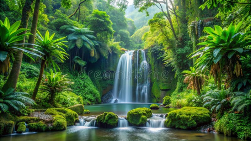 Lush Rainforest Waterfall with Mossy Rocks and Tranquil Pool Stock ...