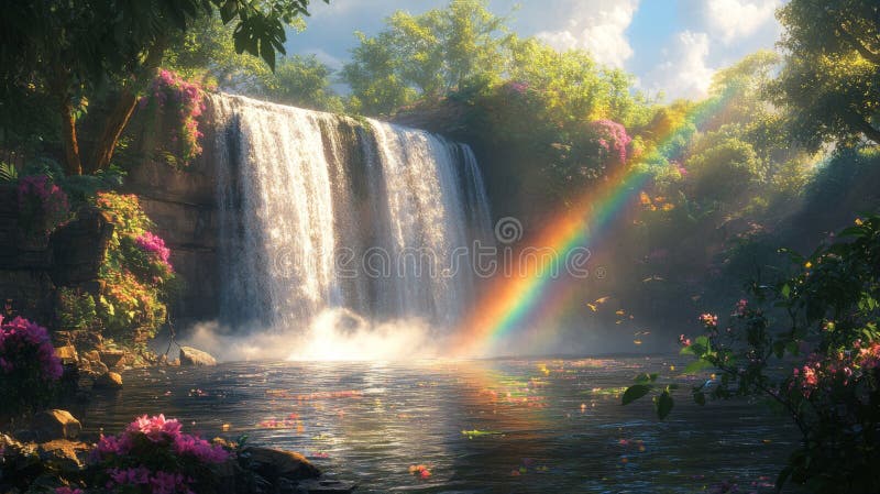 A Lush Rainforest Waterfall with a Rainbow Forming Over the Pool Below ...