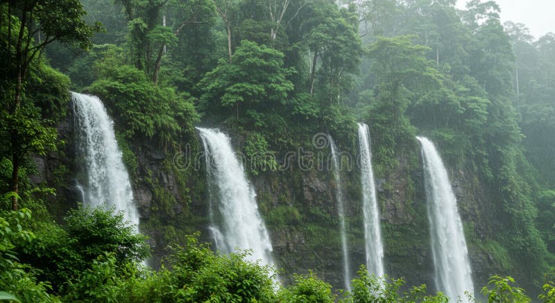 Lush Rainforest Waterfall Scene in Tropical Climate Stock Illustration ...