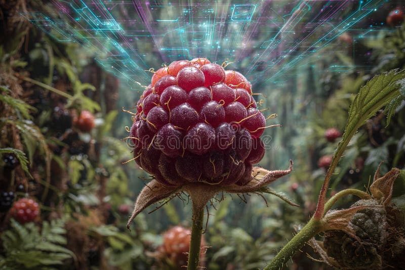 Lush Raspberry Bush Illuminated by Digital Elements in a Vibrant Garden ...