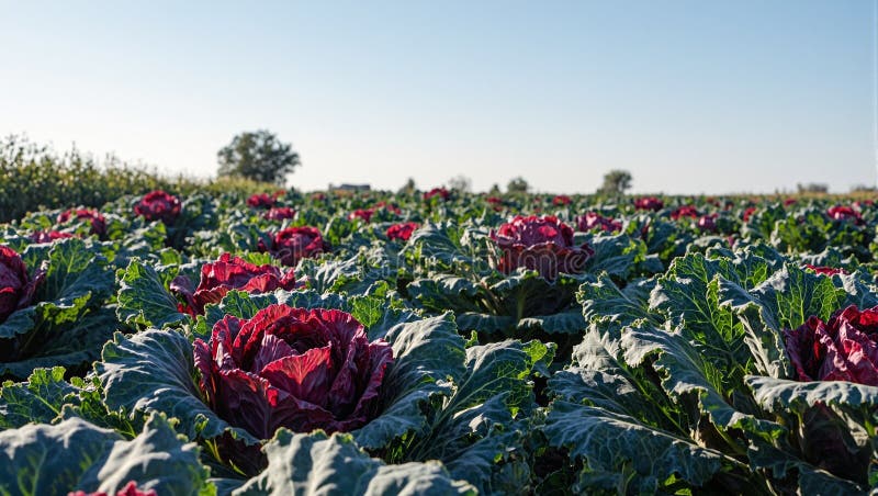 Lush Red Cabbage Field Under Blue Sky on Rural Farm Stock Illustration ...