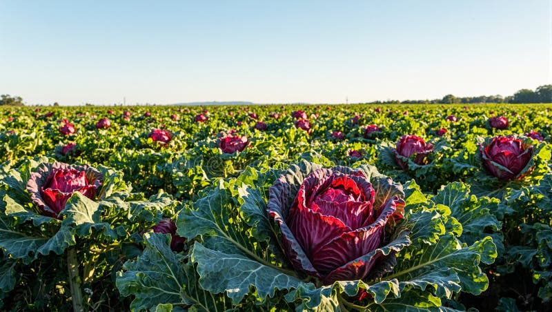 Lush Red Cabbage Field Under Blue Sky on Rural Farm Stock Illustration ...