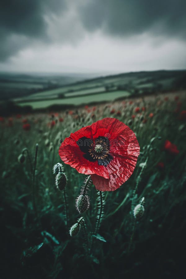 Lush Red Poppy in Field Under Stormy Sky High Quality Image Stock ...