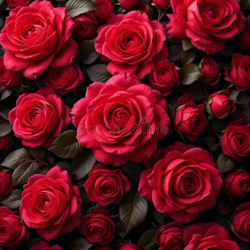 Lush Red Roses Floral Pattern with Green Leaves Stock Illustration ...