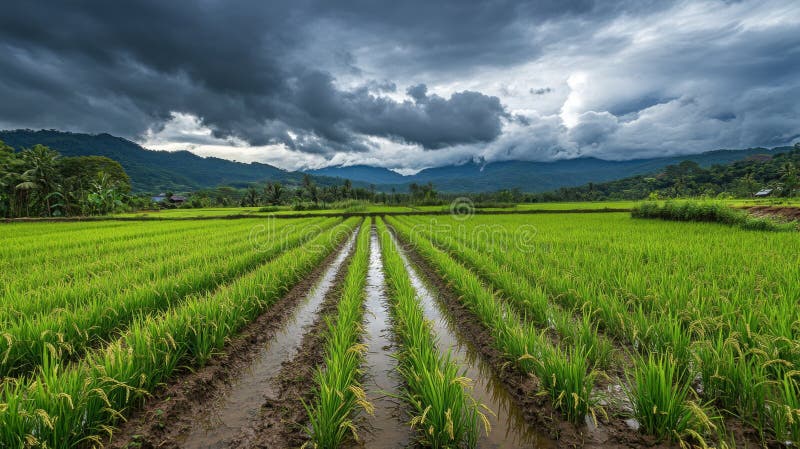 Lush Rice Paddy Field Under a Stormy Sky in a Mountain Valley Stock ...